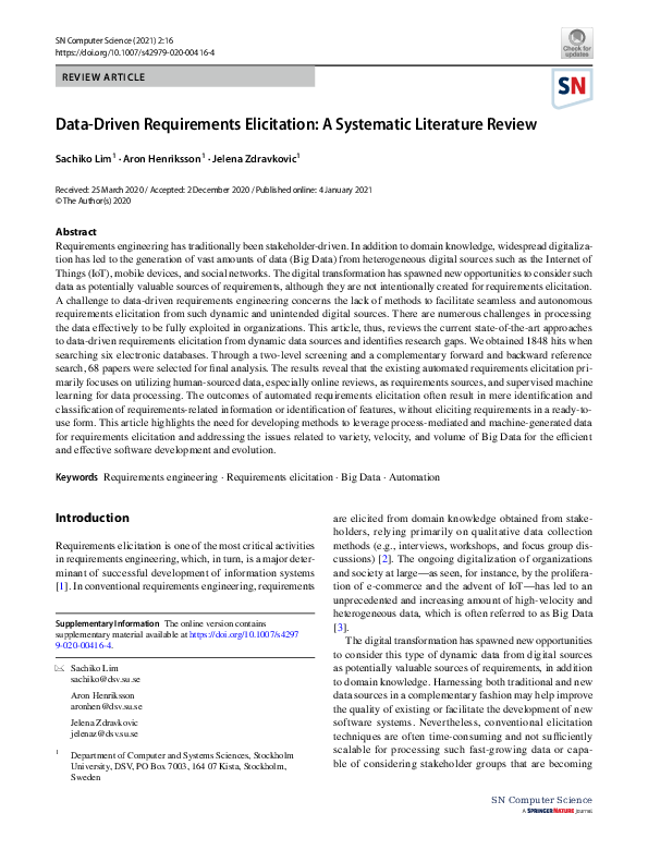 (PDF) Data-Driven Requirements Elicitation: A Systematic Literature Review
