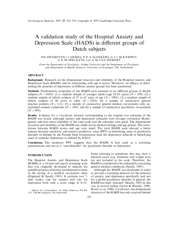 (PDF) A validation study of the Hospital Anxiety and Depression Scale ...