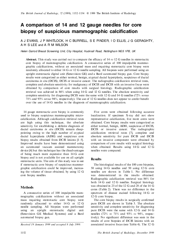 (PDF) A comparison of 14 and 12 gauge needles for core biopsy of ...