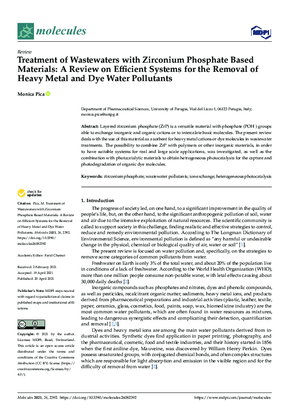 (PDF) Treatment of Wastewaters with Zirconium Phosphate Based Materials: A Review on Efficient ...