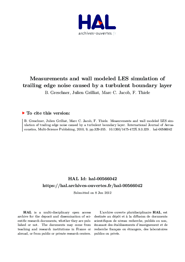 (PDF) Measurements and wall modeled LES simulation of trailing edge noise caused by a turbulent ...