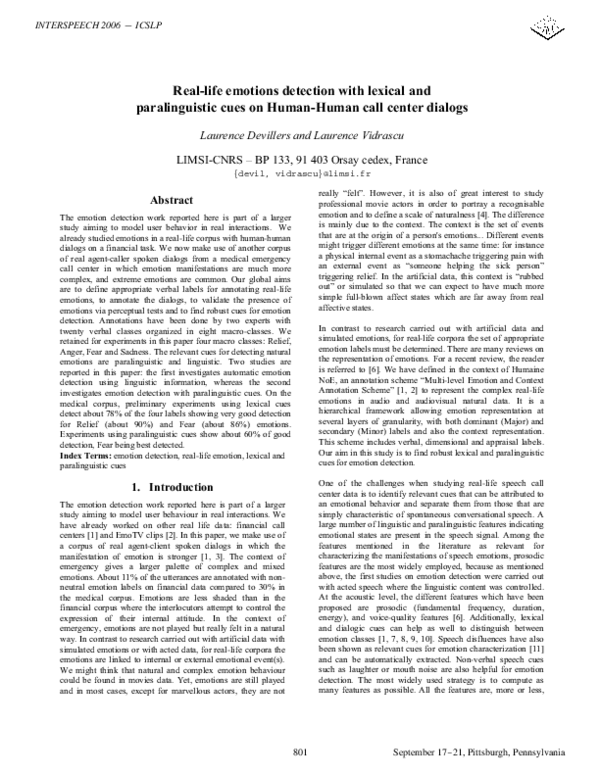 (PDF) Real-life emotions detection with lexical and paralinguistic cues on human-human call ...