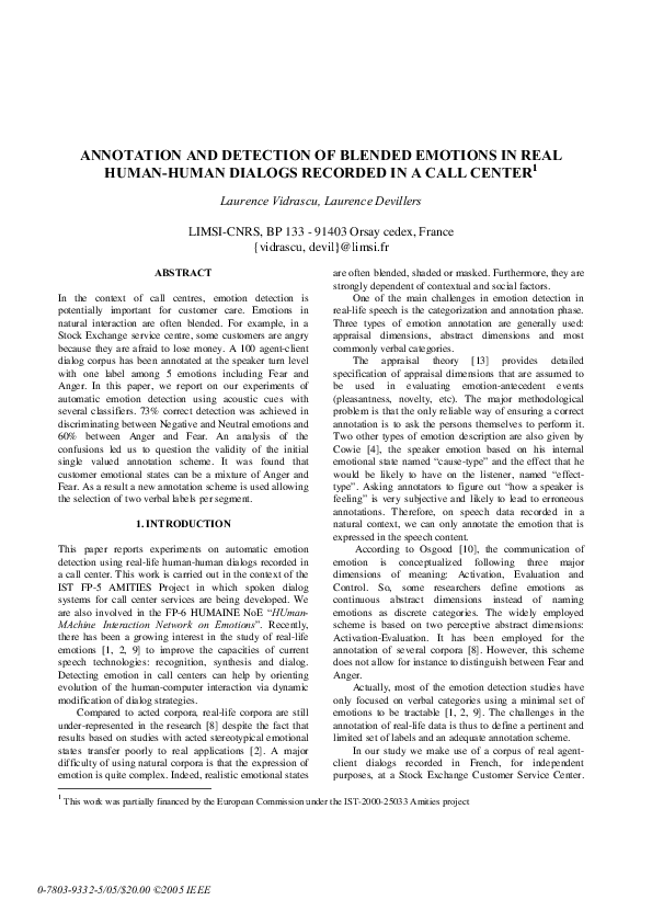(PDF) Annotation and Detection of Blended Emotions in Real Human-Human Dialogs Recorded in a ...