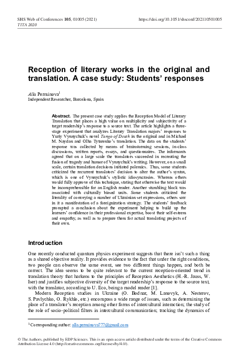 (PDF) Reception of literary works in the original and translation. A ...
