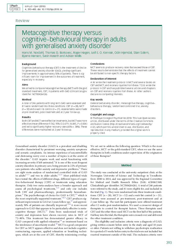 (PDF) Metacognitive therapy versus cognitive–behavioural therapy in adults with generalised ...