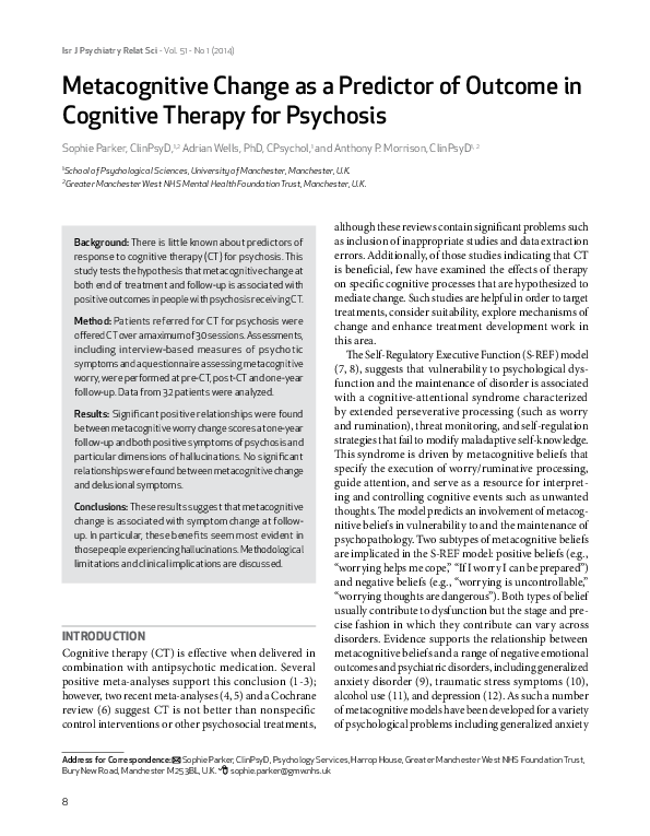 (PDF) Metacognitive change as a predictor of outcome in cognitive therapy for psychosis