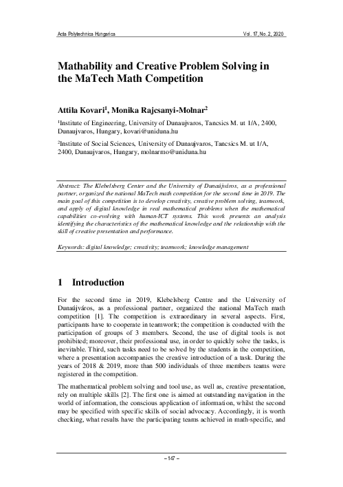 (PDF) Mathability and Creative Problem Solving in the MaTech Math Competition