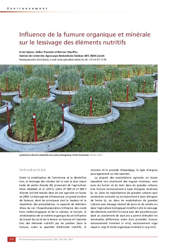 (PDF) Influence de la fumure organique et minérale sur le lessivage des ...