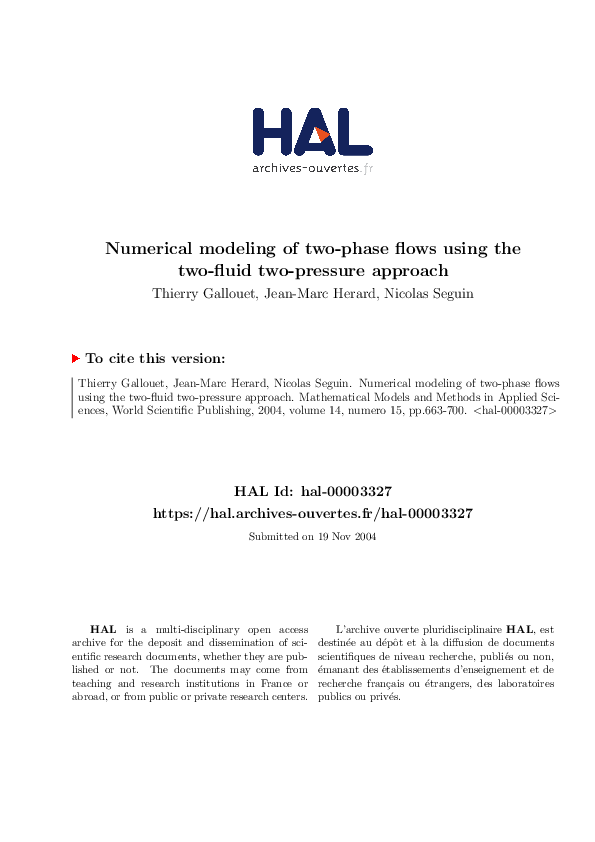 (PDF) Numerical Modeling of Two-Phase Flows Using the Two-Fluid Two-Pressure Approach