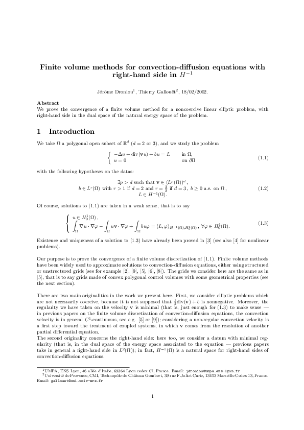 (PDF) Finite volume methods for convection-diffusion equations with right-hand side in H -1
