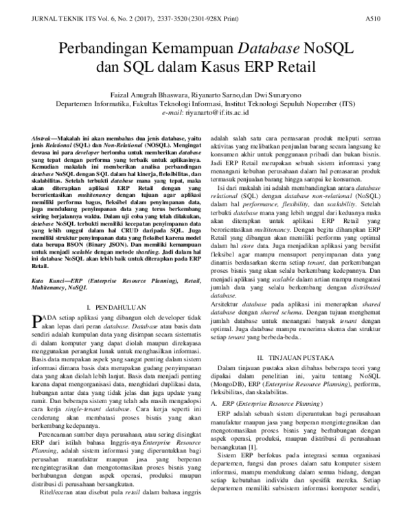 (PDF) Perbandingan Kemampuan Database NoSQL dan SQL dalam Kasus ERP Retail