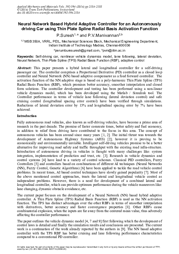 (PDF) Neural Network Based Hybrid Adaptive Controller for an Autonomously Driving Car Using Thin ...