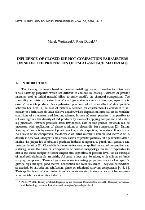 (PDF) Influence of Closed-Die Hot Compaction Parameters on Selected ...