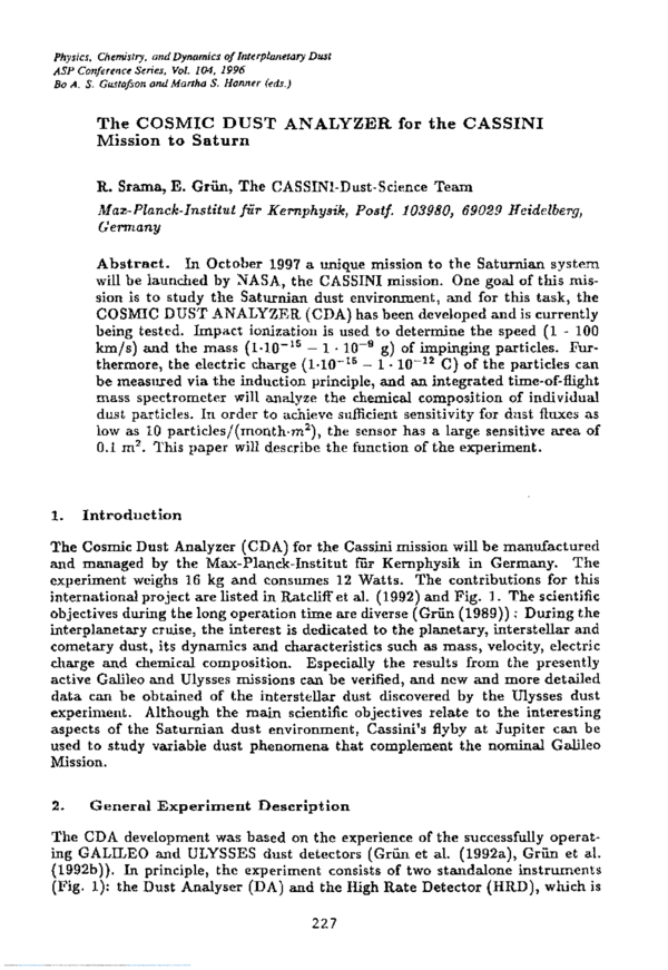 (PDF) The COSMIC DUST ANALYZER for the CASSINI Mission to Saturn