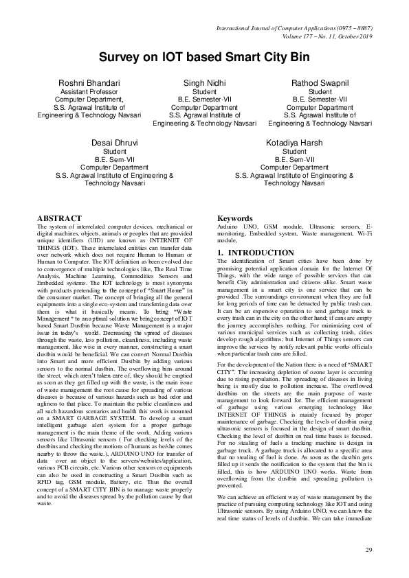 (PDF) Survey on IOT based Smart City Bin