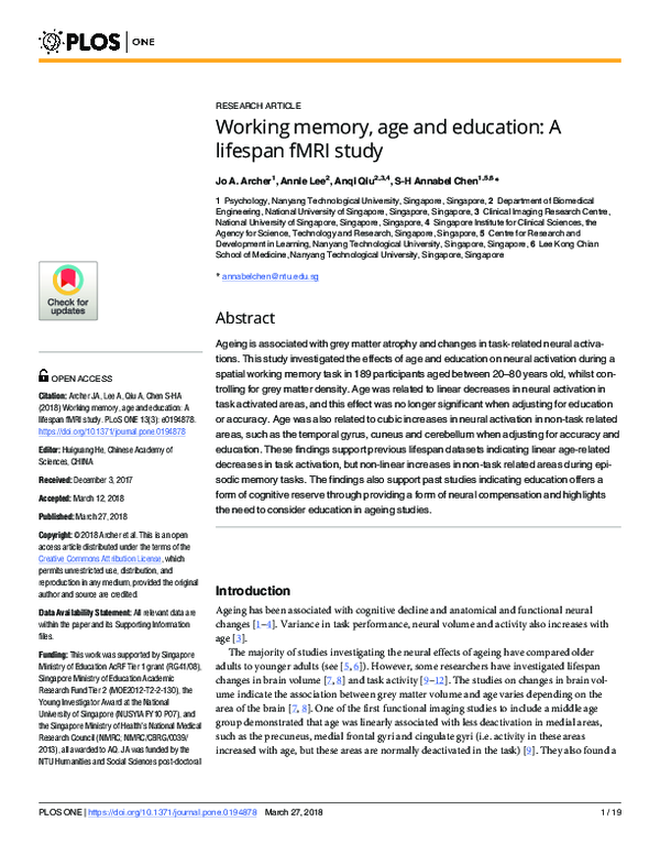 (PDF) Working memory, age and education: A lifespan fMRI study