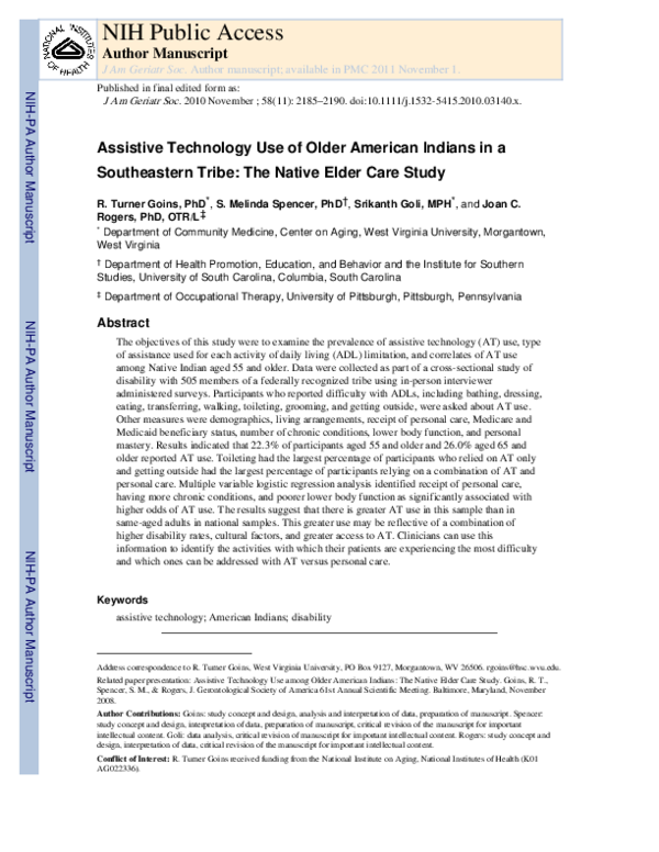 (PDF) Assistive Technology Use of Older American Indians in a ...