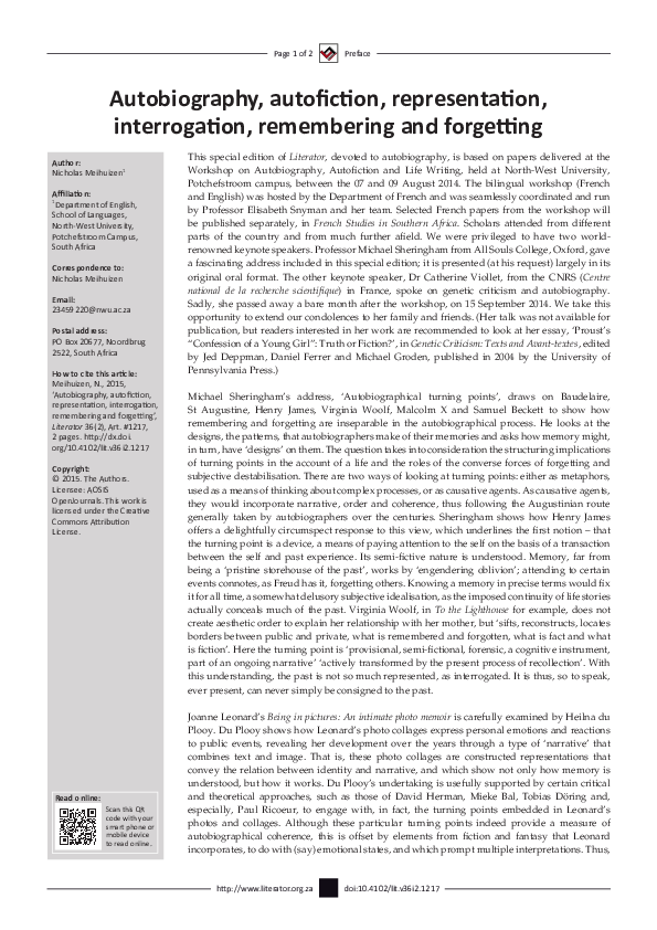 (PDF) Autobiography, autofiction, representation, interrogation ...
