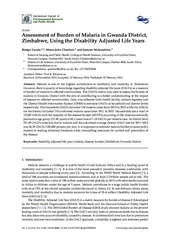 (PDF) Assessment of Burden of Malaria in Gwanda District, Zimbabwe ...