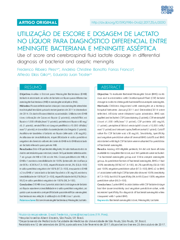 (PDF) Use of Score and Cerebrospinal Fluid Lactate Dosage in ...