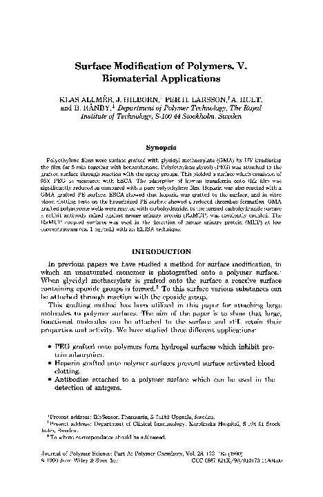 (PDF) Surface modification of polymers. V. Biomaterial applications