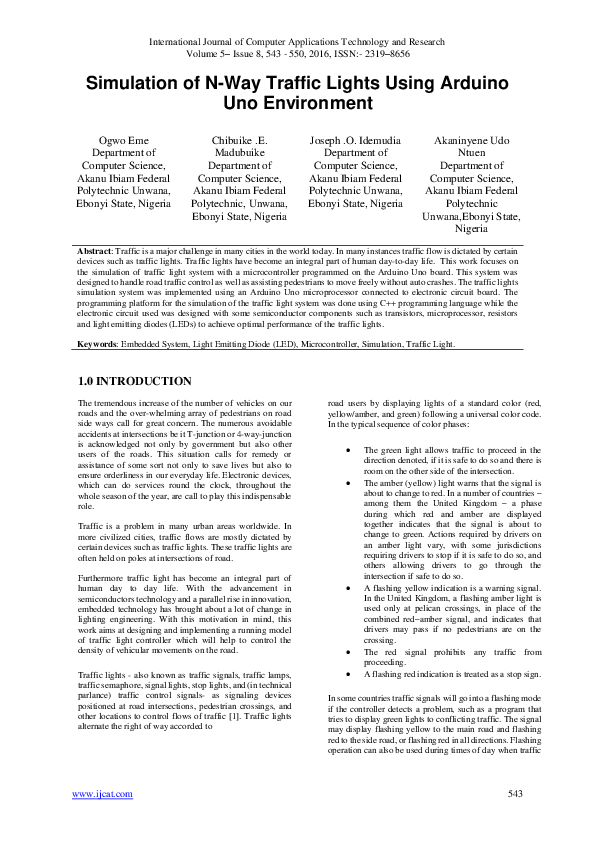 (PDF) Simulation of N-Way Traffic Lights Using Arduino Uno Environment