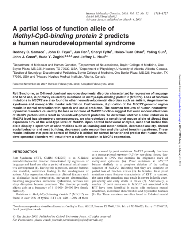 (PDF) A partial loss of function allele of Methyl-CpG-binding protein 2 ...