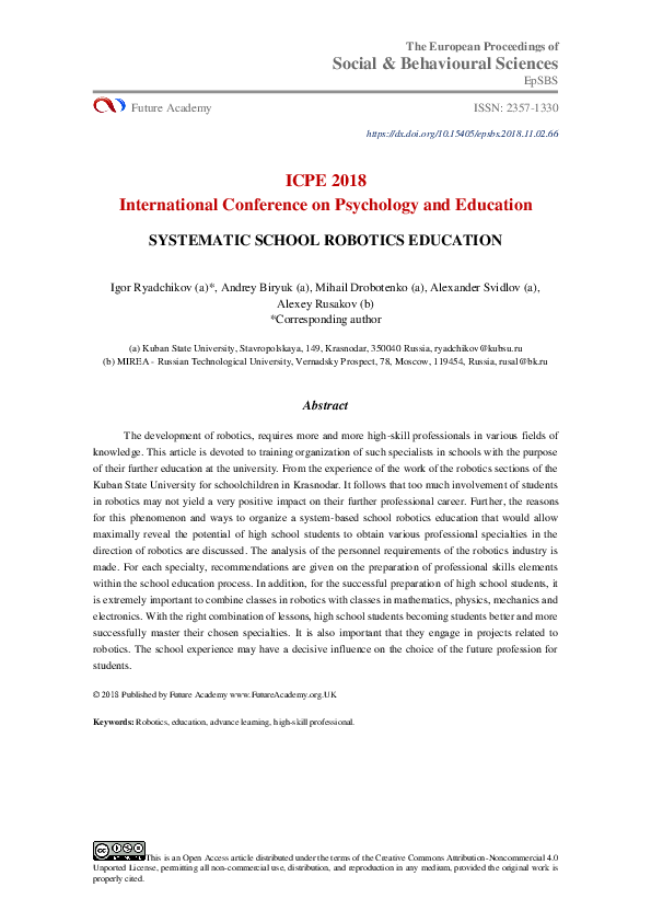 (PDF) Systematic School Robotics Education