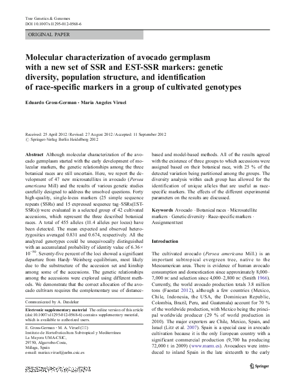 (PDF) Molecular characterization of avocado germplasm with a new set of SSR and EST-SSR markers ...