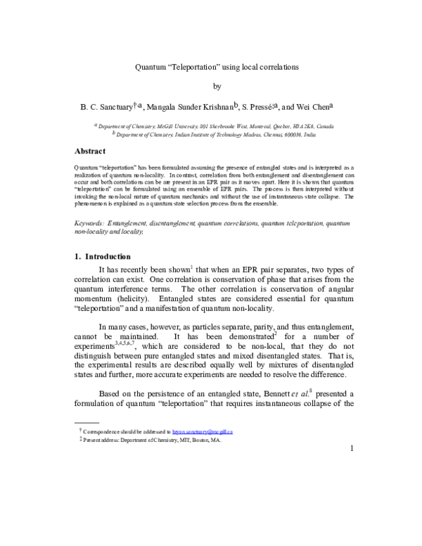 (PDF) Quantum "Teleportation" using local correlations