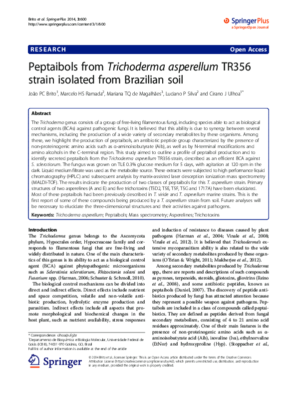 (PDF) Peptaibols from Trichoderma asperellum TR356 strain isolated from Brazilian soil