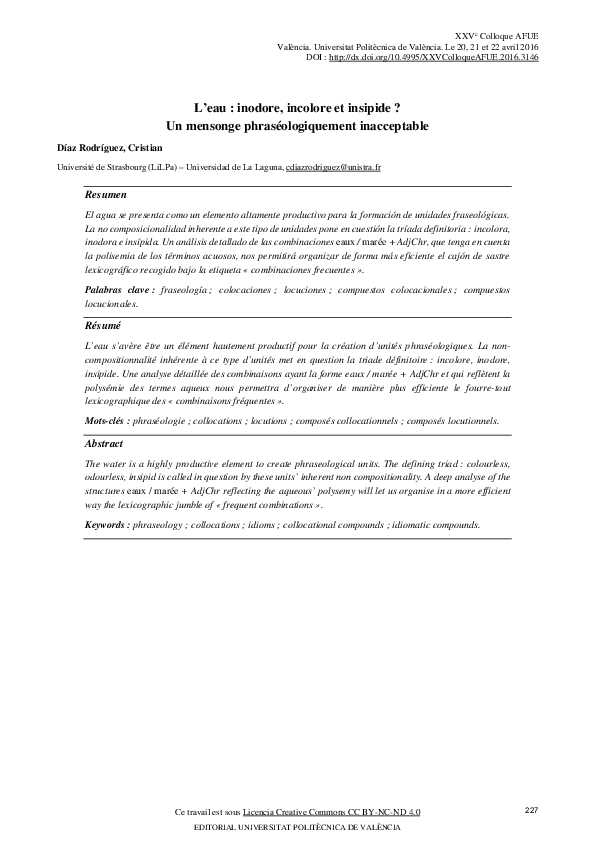 (PDF) L’eau : inodore, incolore et insipide ? Un mensonge ...