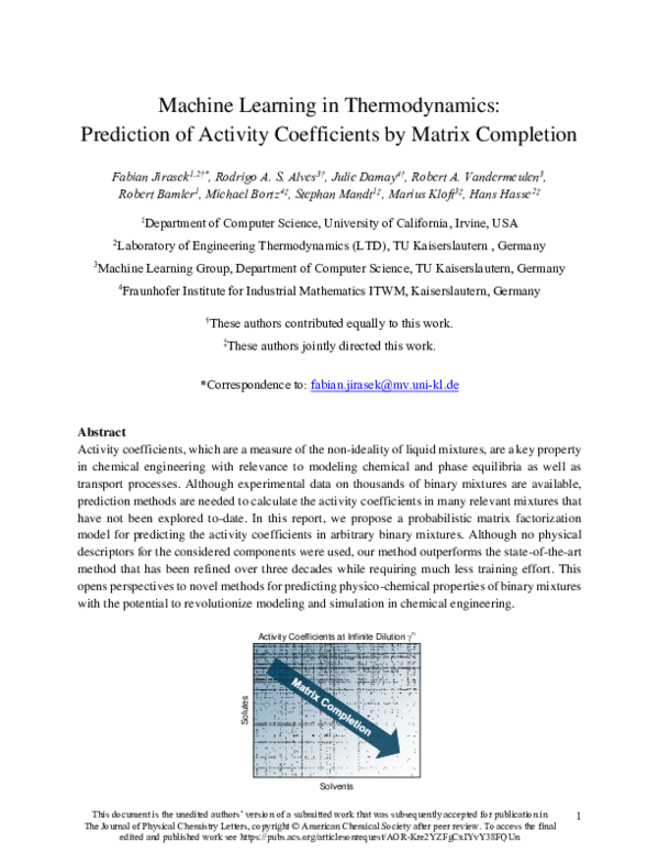 (PDF) Machine Learning in Thermodynamics: Prediction of Activity Coefficients by Matrix Completion