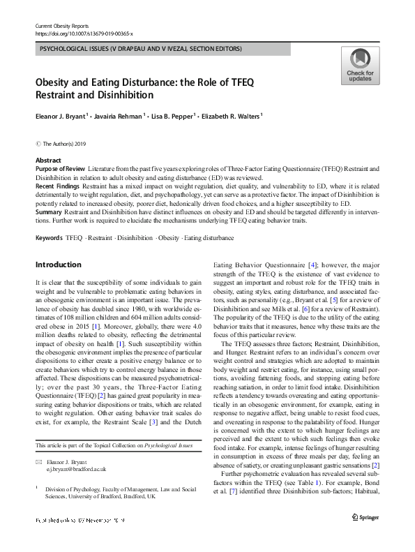 (PDF) Obesity and Eating Disturbance: the Role of TFEQ Restraint and ...
