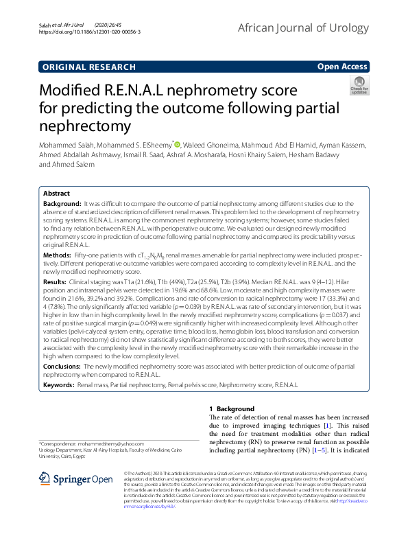 (PDF) Modified R.E.N.A.L nephrometry score for predicting the outcome ...
