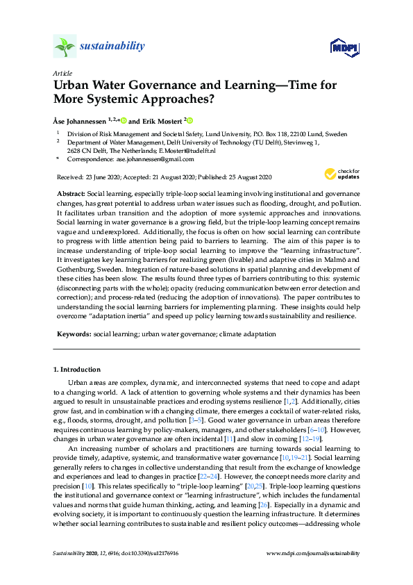 (PDF) Urban Water Governance and Learning—Time for More Systemic ...