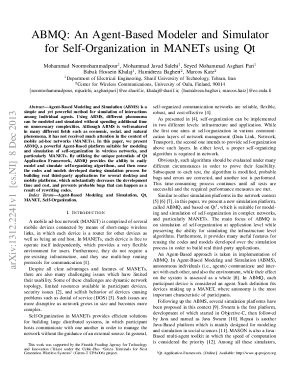 (PDF) ABMQ: An Agent-Based Modeler and Simulator for Self-Organization in MANETs using Qt