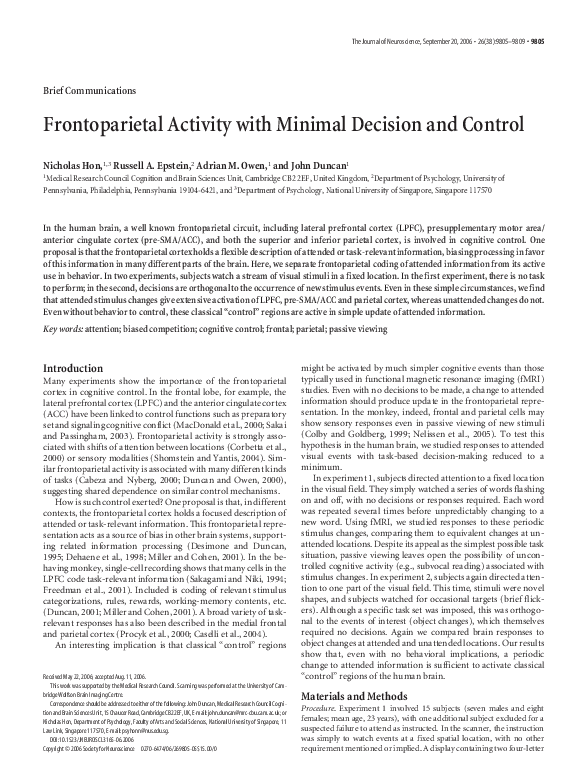 (PDF) Frontoparietal activity with minimal decision and control