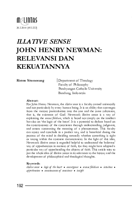 (PDF) Illative Sense John Henry Newman: Relevansi dan Kekuatannya