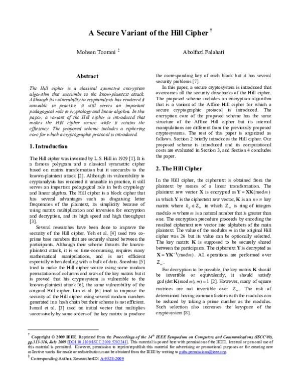 (PDF) A Secure Variant of the Hill Cipher