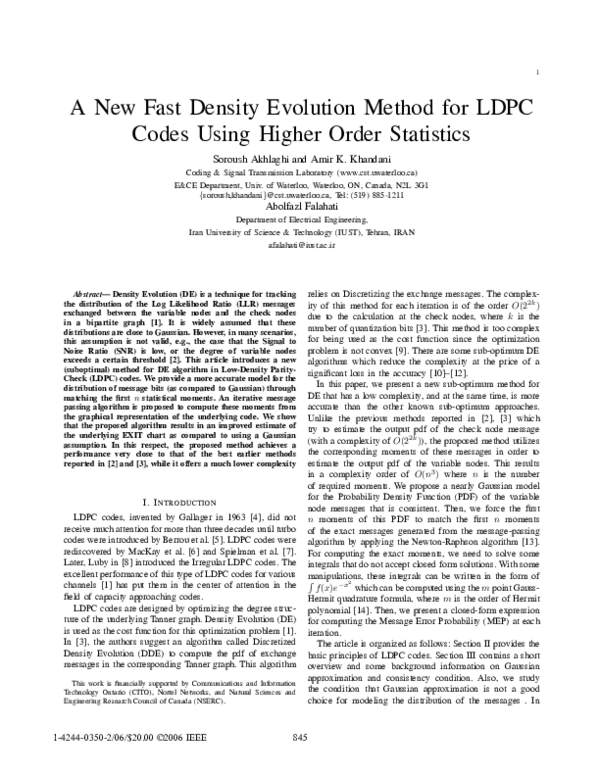 Pdf A New Fast Density Evolution Method For Ldpc Codes Using Higher Order Statistics