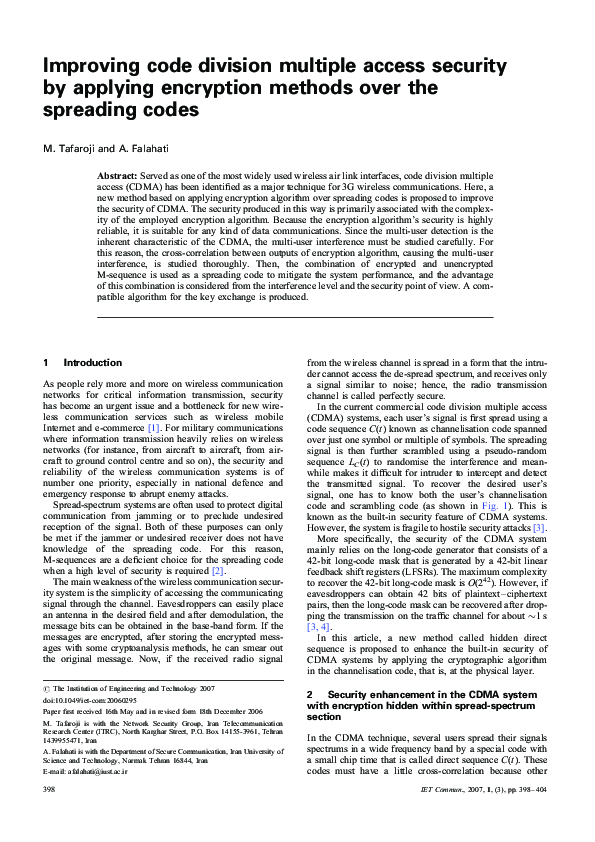 (PDF) Improving code division multiple access security by applying encryption methods over the ...