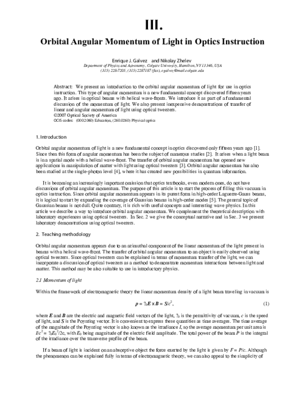 (PDF) Orbital Angular Momentum of Light in Optics Instruction