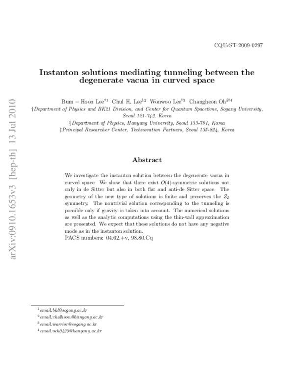 (PDF) Instanton solutions mediating tunneling between the degenerate vacua in curved space