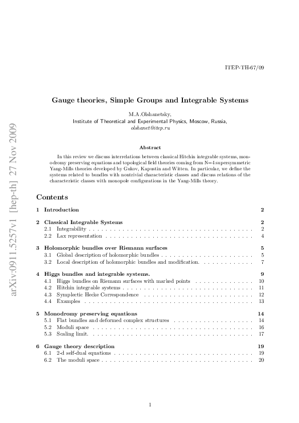 (PDF) Gauge theories, Simple Groups and Integrable Systems