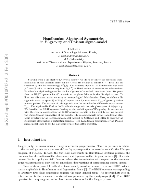 (PDF) Hamiltonian algebroid symmetries in W-gravity and Poisson sigma-model