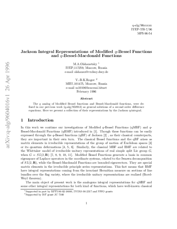 (PDF) Jackson Integral Representations of Modified $ q $-Bessel Functions and $ q $-Bessel ...