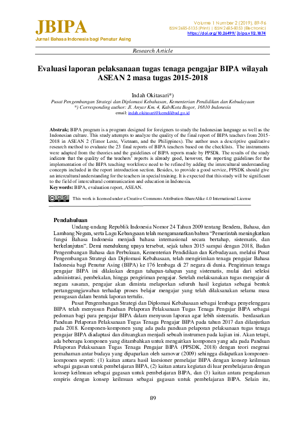 (PDF) Evaluasi laporan pelaksanaan tugas tenaga pengajar BIPA wilayah ASEAN 2 masa tugas 2015-2018