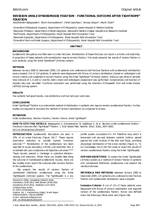 (PDF) Revision Ankle Syndesmosis Fixation - Functional Outcome After ...