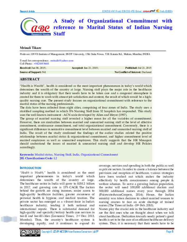 (PDF) A Study of Organizational Commitment with reference to Marital ...